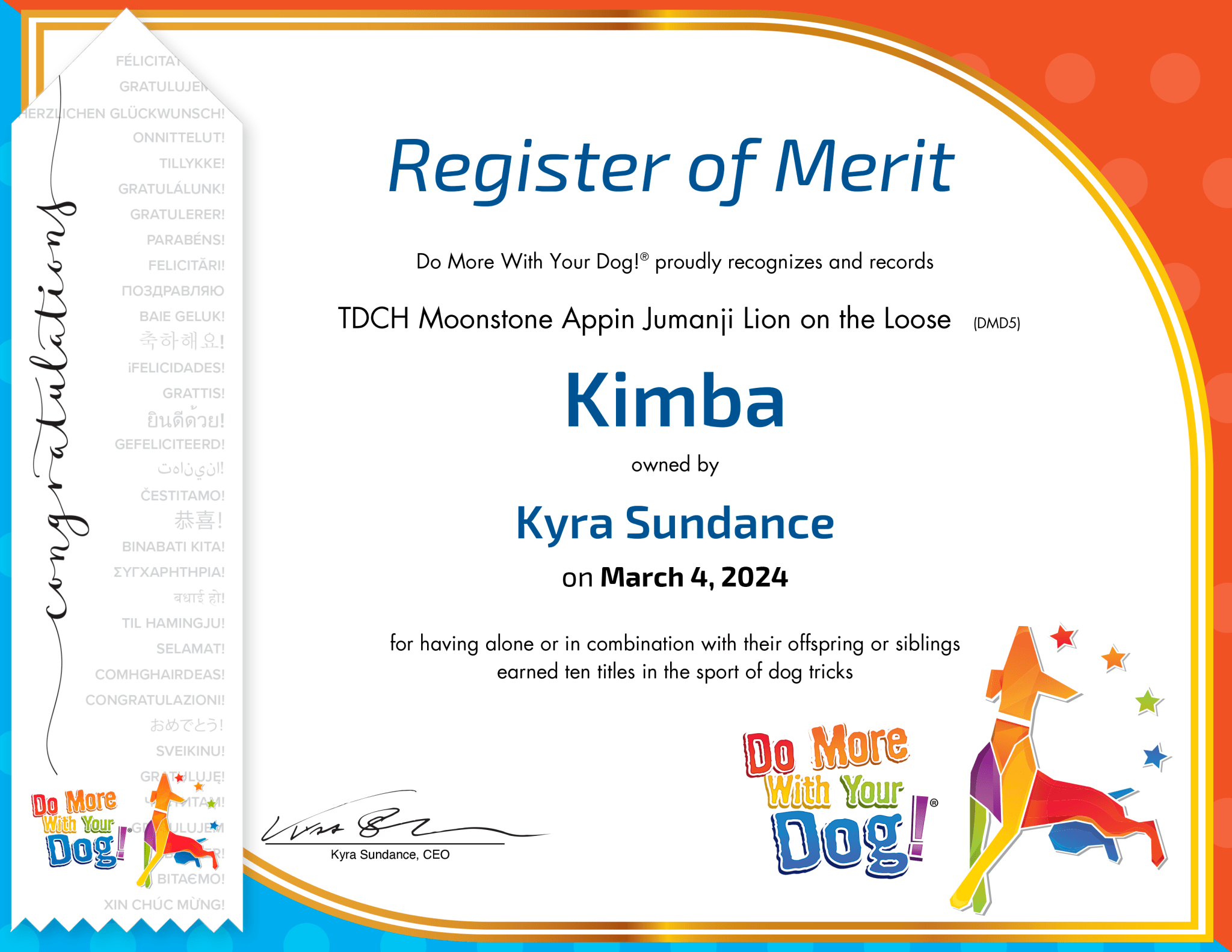TD-ROM Certificate & Ribbon – Do More With Your Dog!